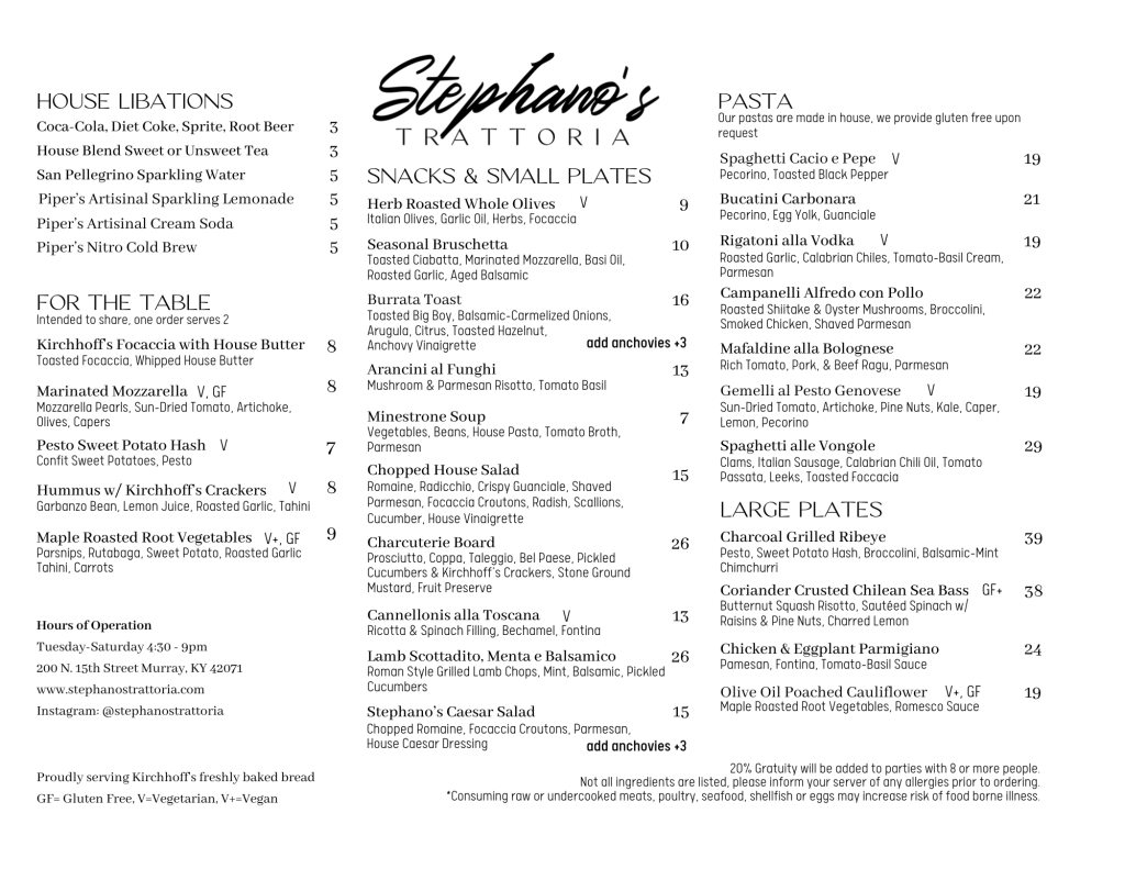 Menu – Stephano's Trattoria